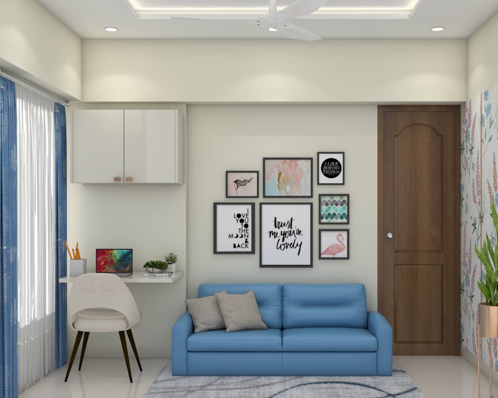 Spacious Study Room Design With Blue Sofa And Grey Cushion | Livspace