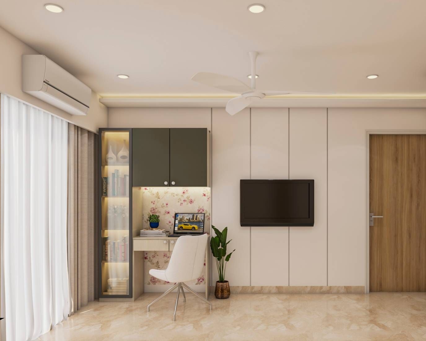 Modern Spacious Home Office With Floral Wallpaper | Livspace