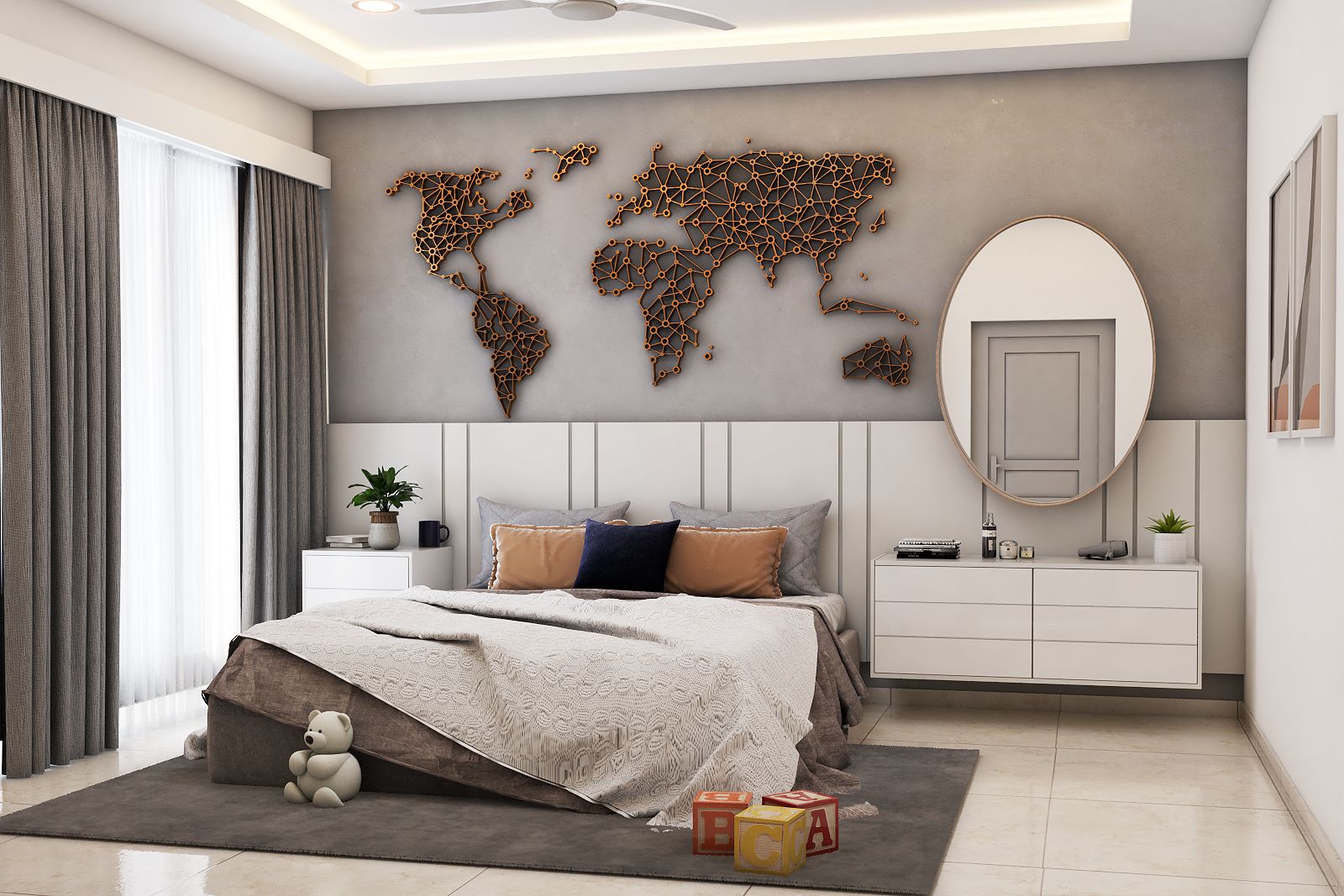 Spacious Kid's Room Design With Metallic World Map And White Panel ...
