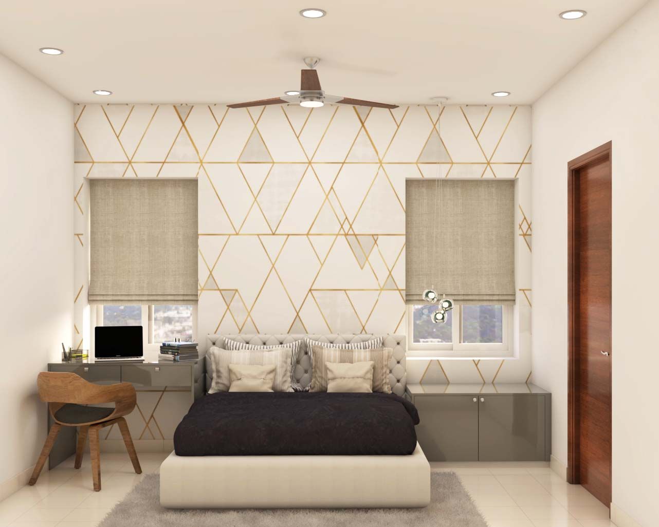 Neutral Themed Boys Room Design With Geometric Wallpaper| Livspace