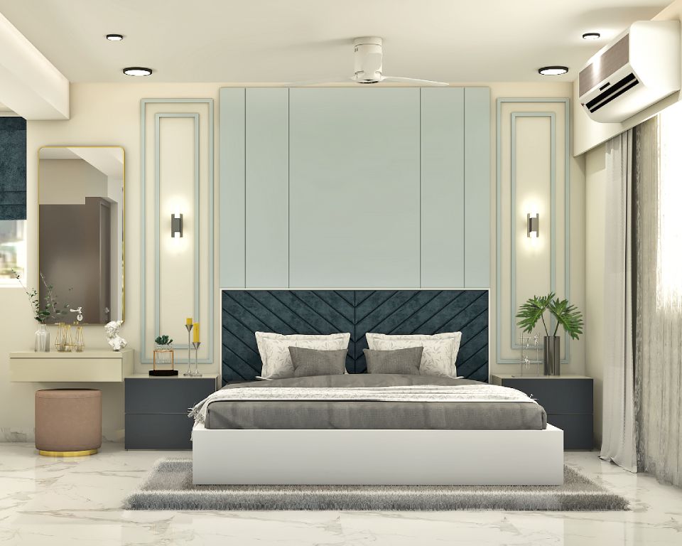 Light-Coloured Spacious Bedroom Design With A Tufted Headboard | Livspace