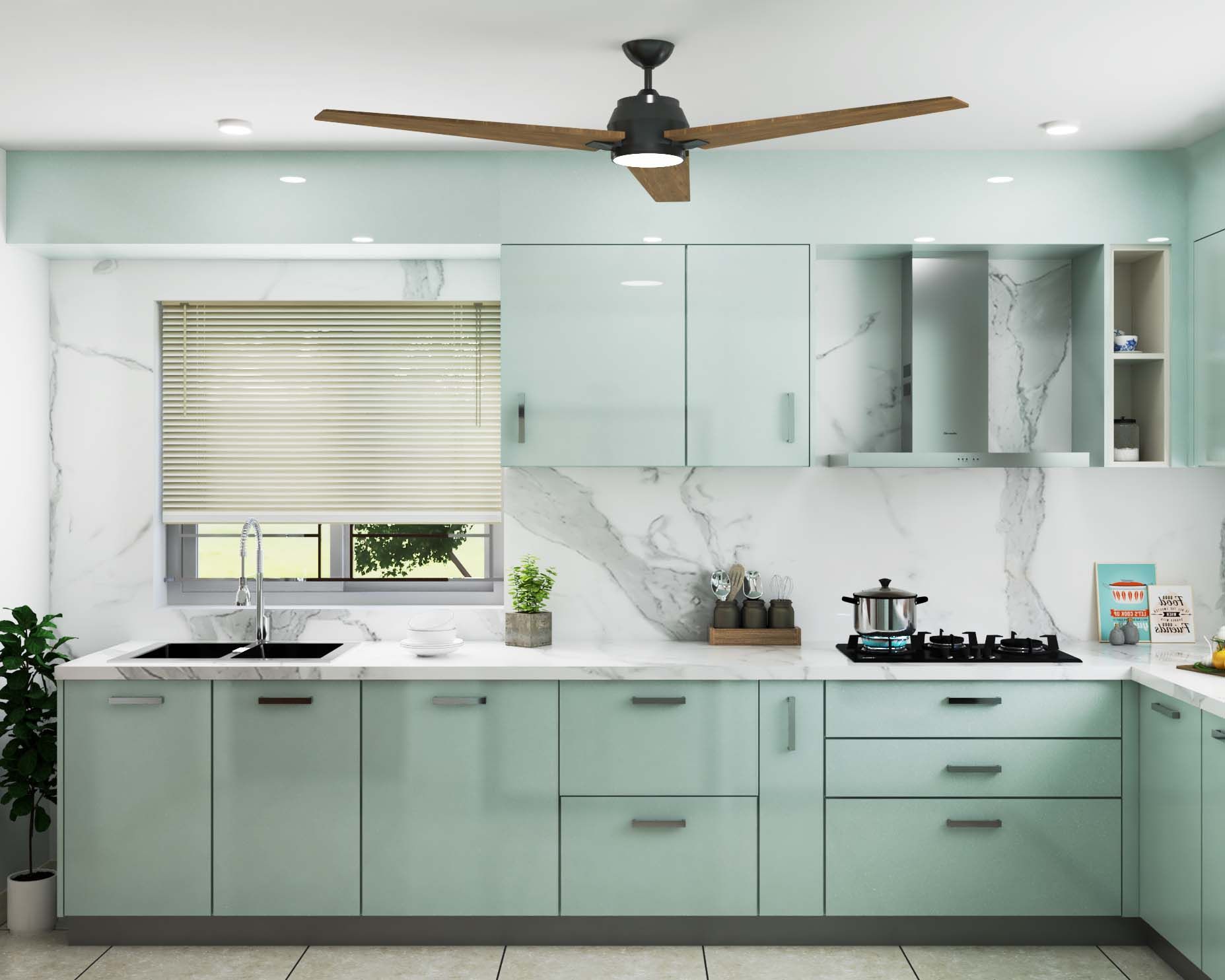 Spacious U-Shaped Celestial Blue Modular Kitchen Design | Livspace Spacious U-Shaped Celestial Blue Modular Kitchen Design | Livspace