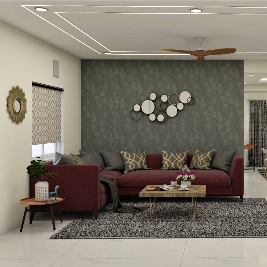 Spacious Living Room Design With A Grey Abstract Wallpaper | Livspace