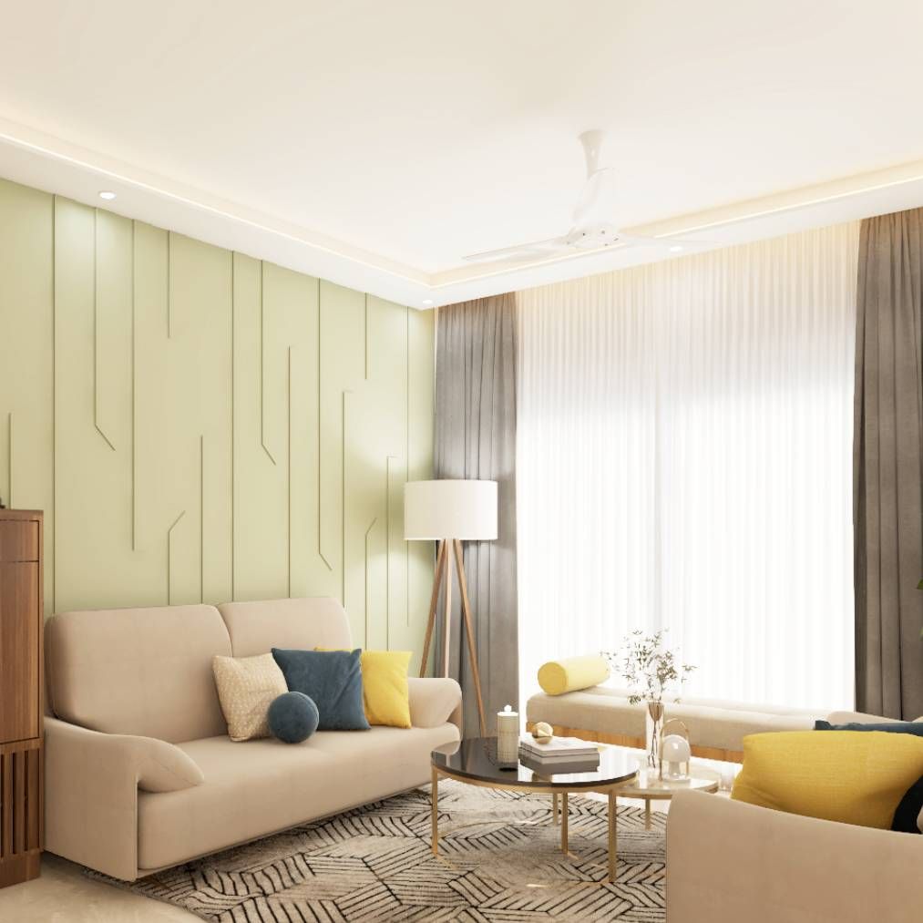 Compact Living Room Design With Pastel Green Wall Paint And Panelling ...