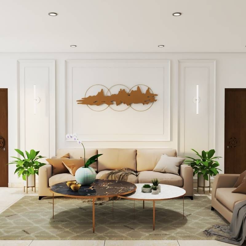 Spacious Living Room Design With Bronze Wall Decor | Livspace