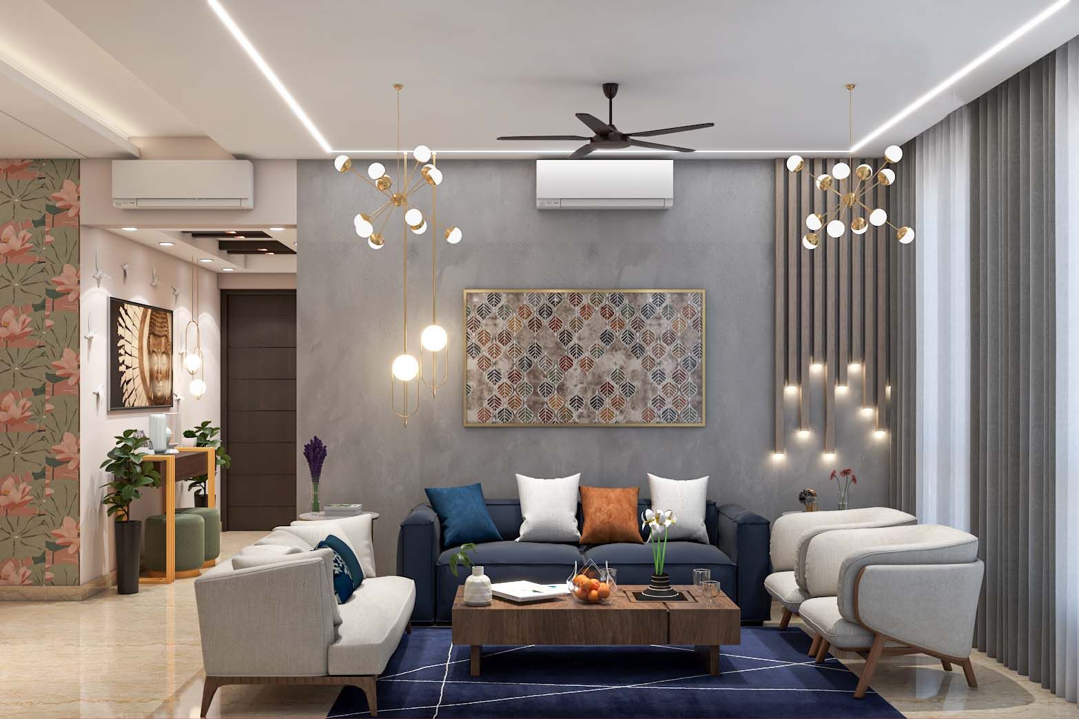 Spacious Living Room Design With Grey Walls With Lights And Wooden ...