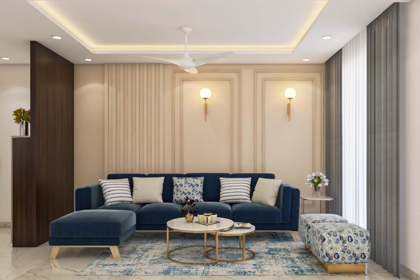 Spacious Living Room Design With Wall Trims And Lights | Livspace