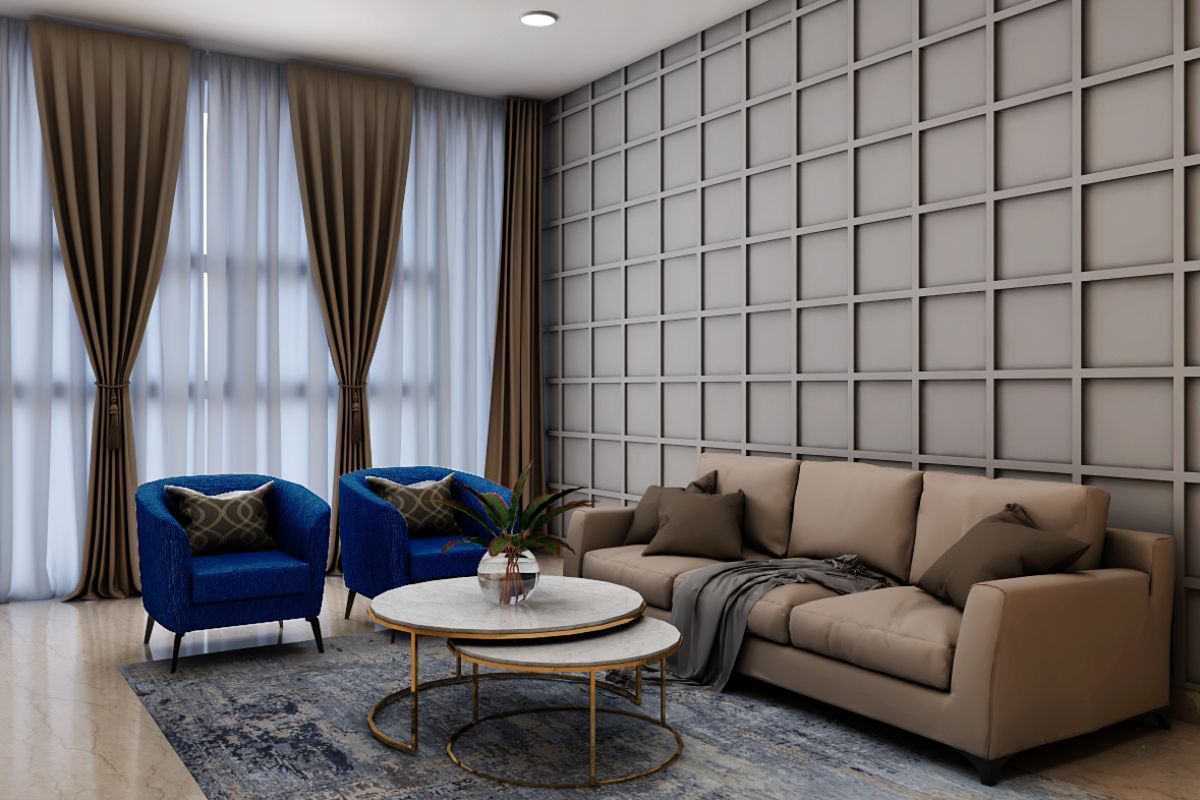 Compact Living Room Design With Checkered Wall Panelling | Livspace