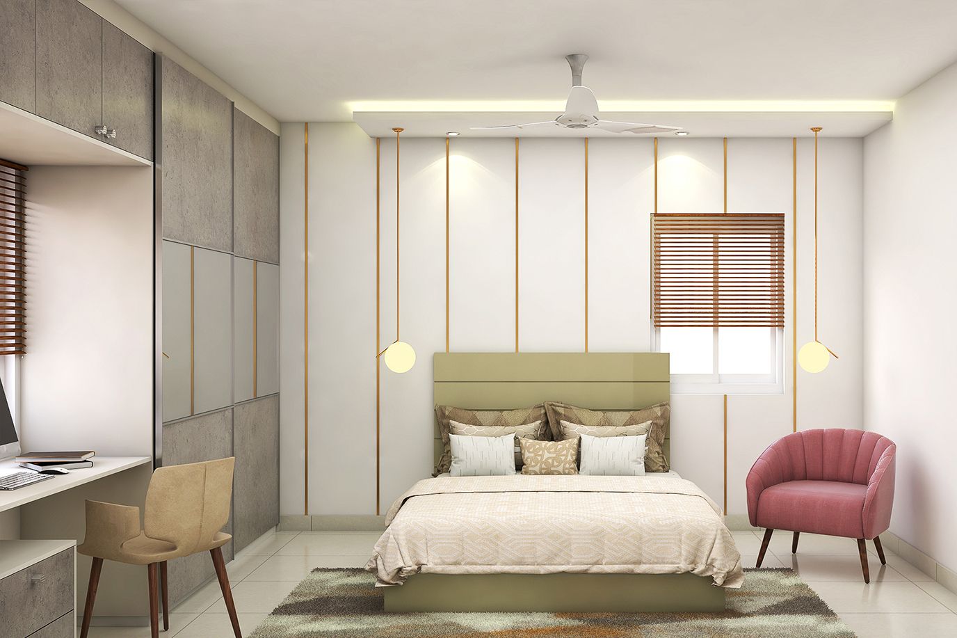 Spacious Bedroom Design With A Study Unit And A Sliding Wardrobe | Livspace