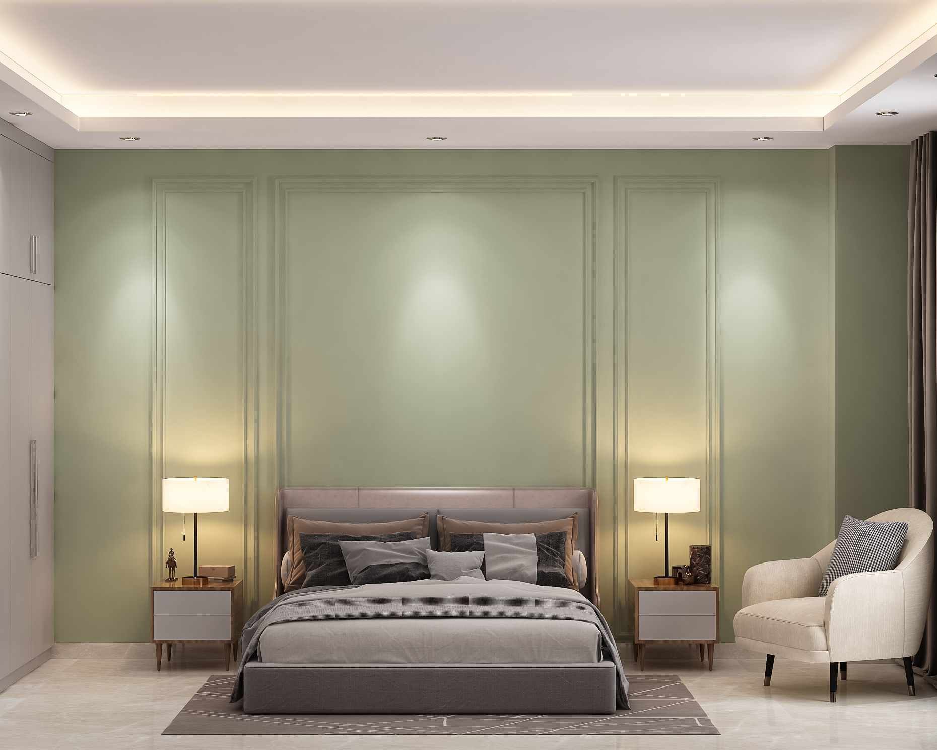 Spacious Bedroom Design With A Cream Armchair And Floor Lamp | Livspace