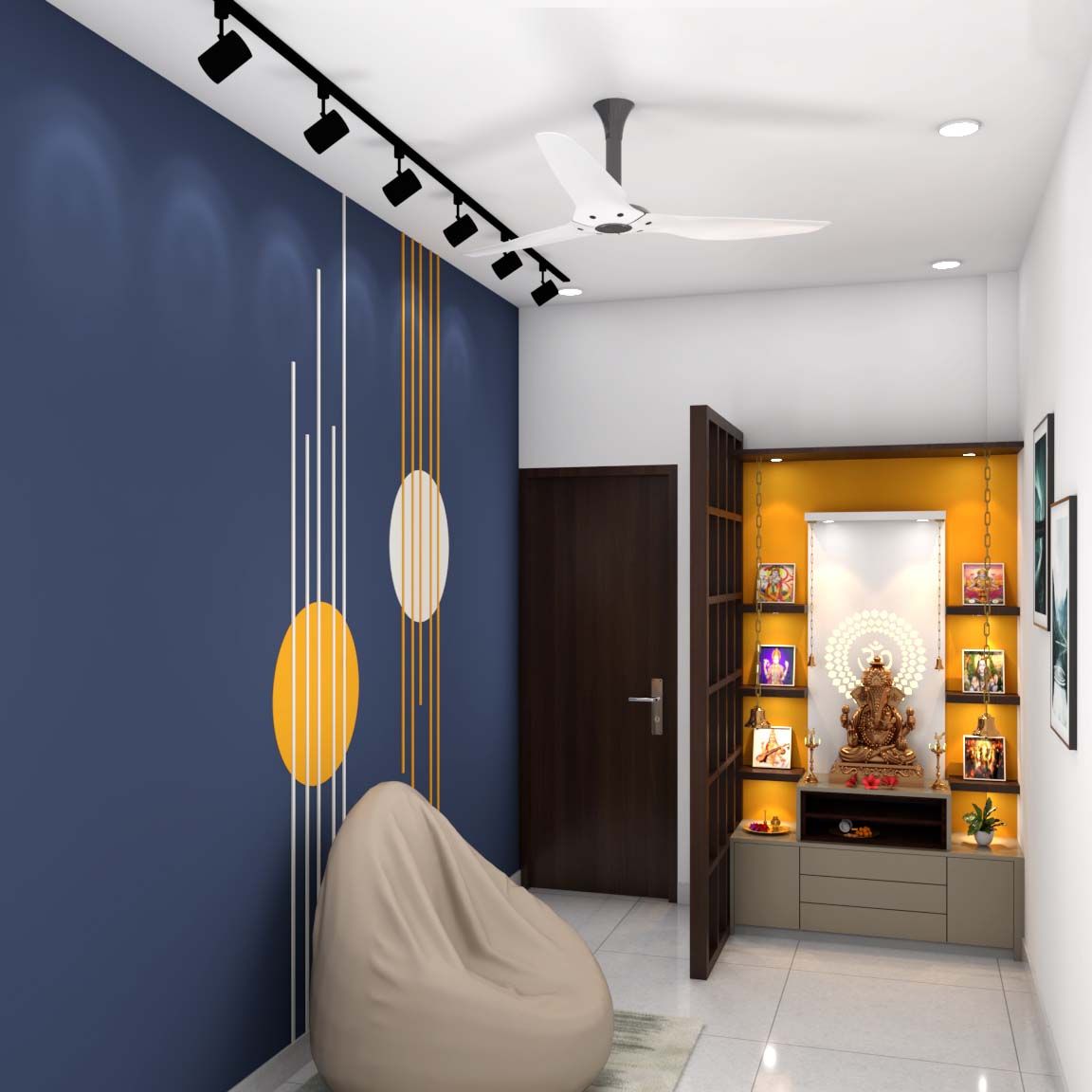 Contemporary Mandir Design With Yellow Wall And Storage | Livspace