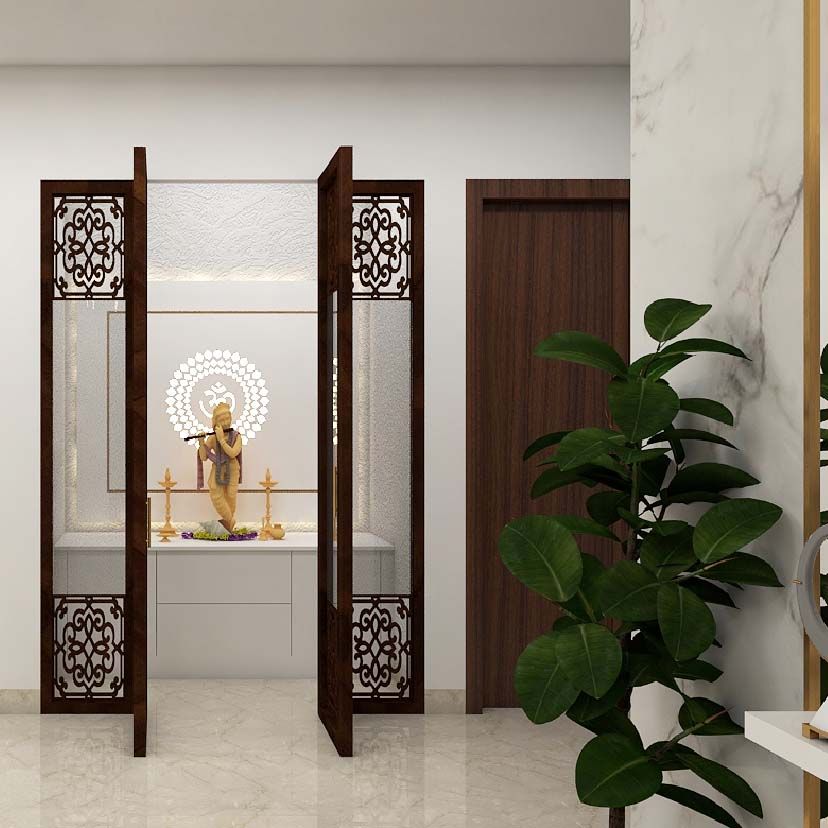 Mandir Design With Carved Doors And Storage | Livspace