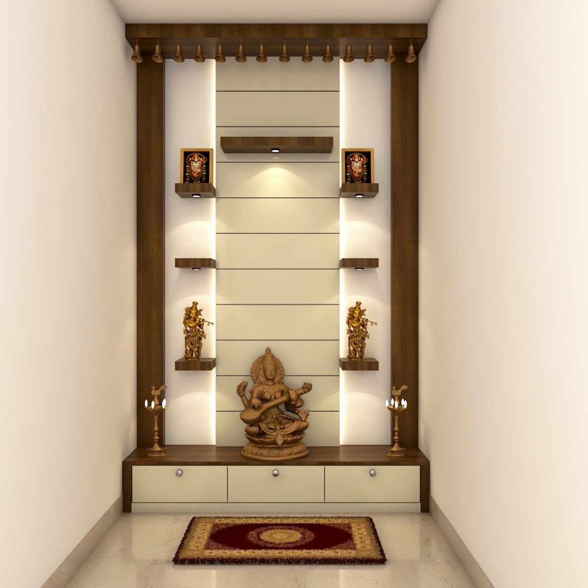 Modern Mandir Design With Bordered Wooden Panels And Open Slabs | Livspace