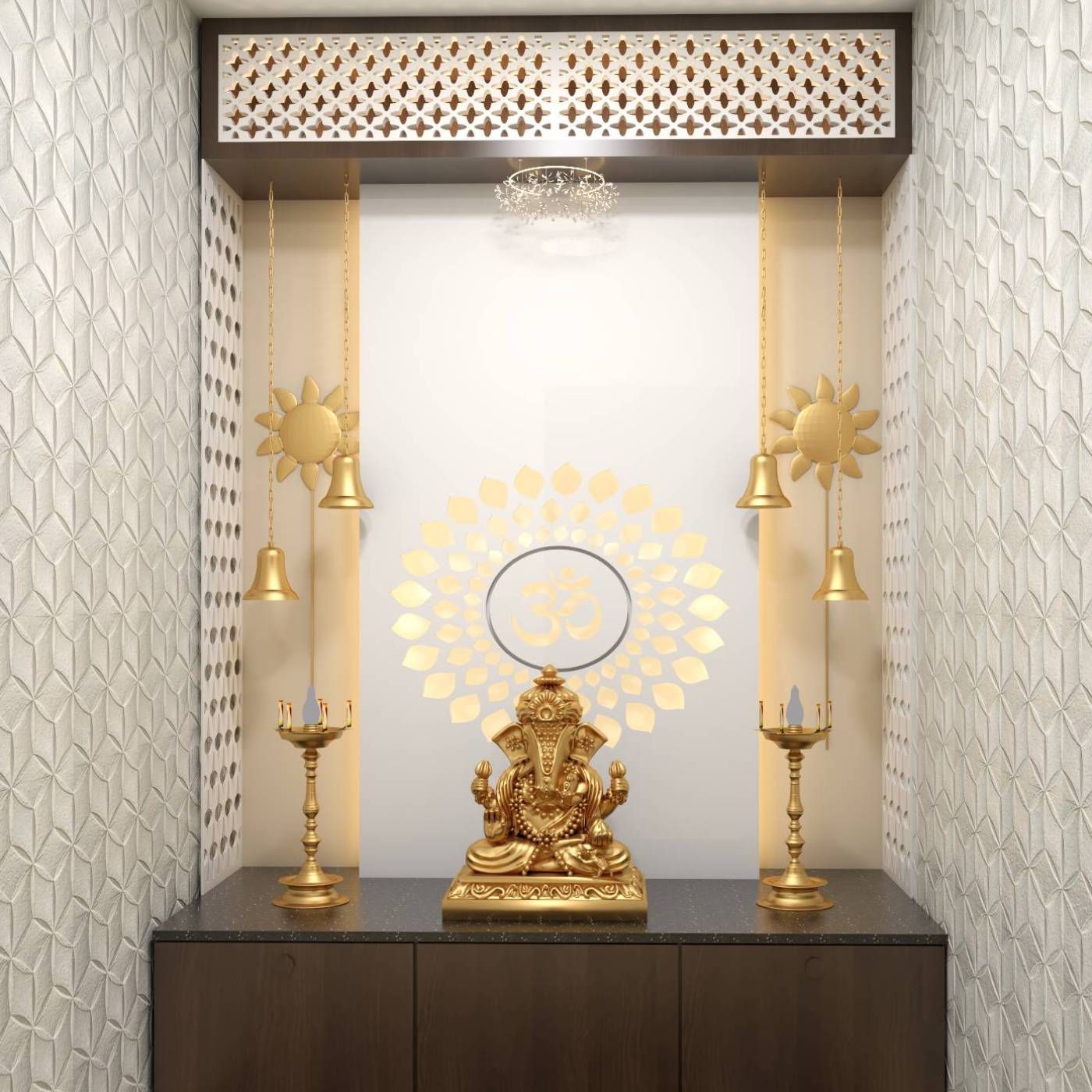 Spacious Mandir Design With Wooden Grain Laminate | Livspace