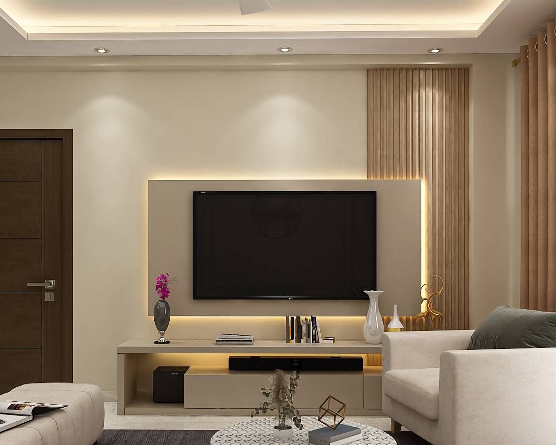 Compact TV Cabinet With A Metallic Beige Finish | Livspace