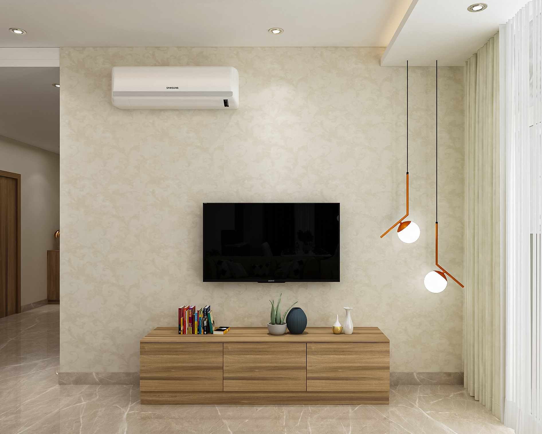 Minimal Glam TV Unit Design With Beige Textured Accent Wall - Livspace