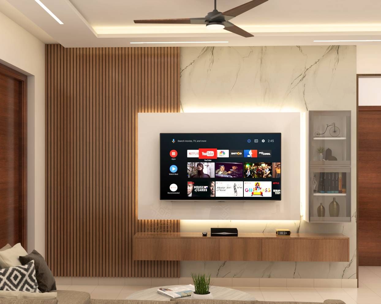 Spacious TV Cabinet Design With Wood And Marble | Livspace