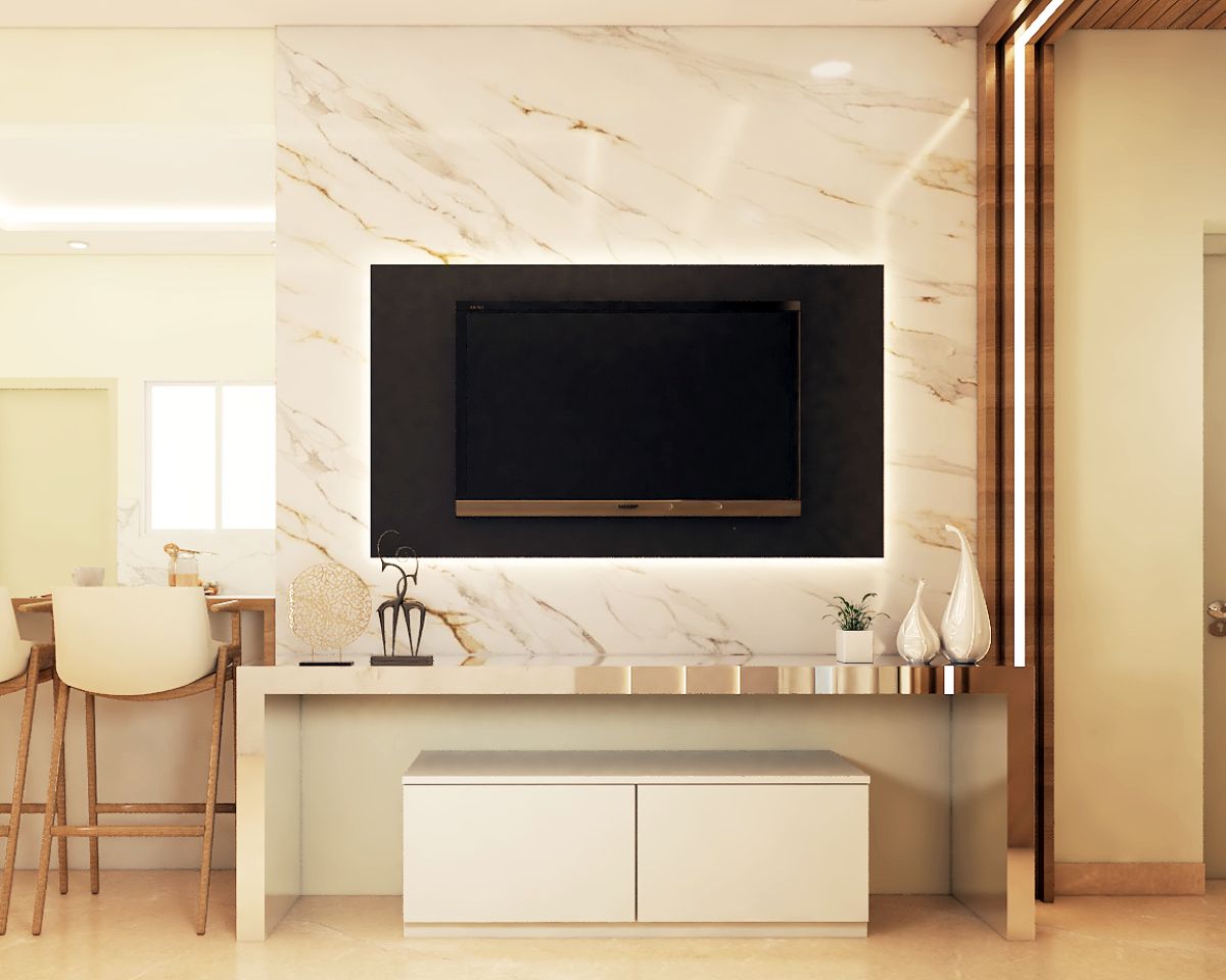 Compact TV Cabinet Design With Marble Accent Wall | Livspace
