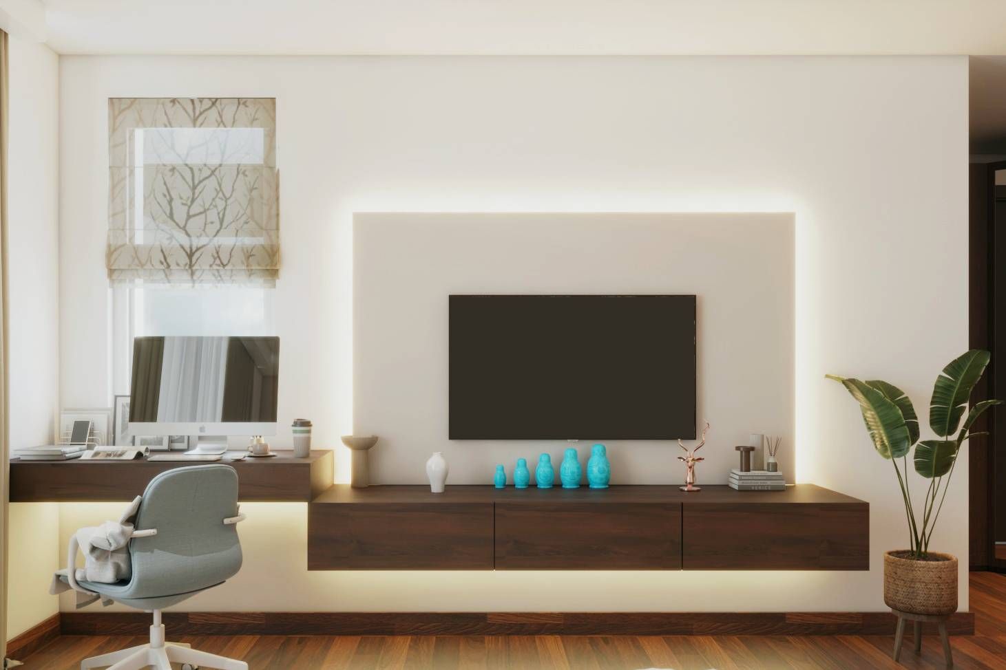 Backlit TV Cabinet With A White Backdrop | Livspace