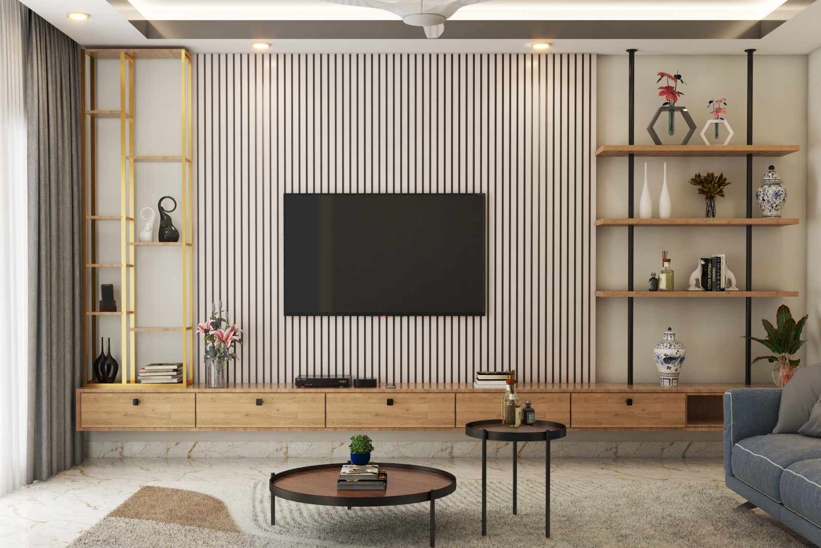 Spaciouss TV Unit With Wooden And Metallic Finishes | Livspace