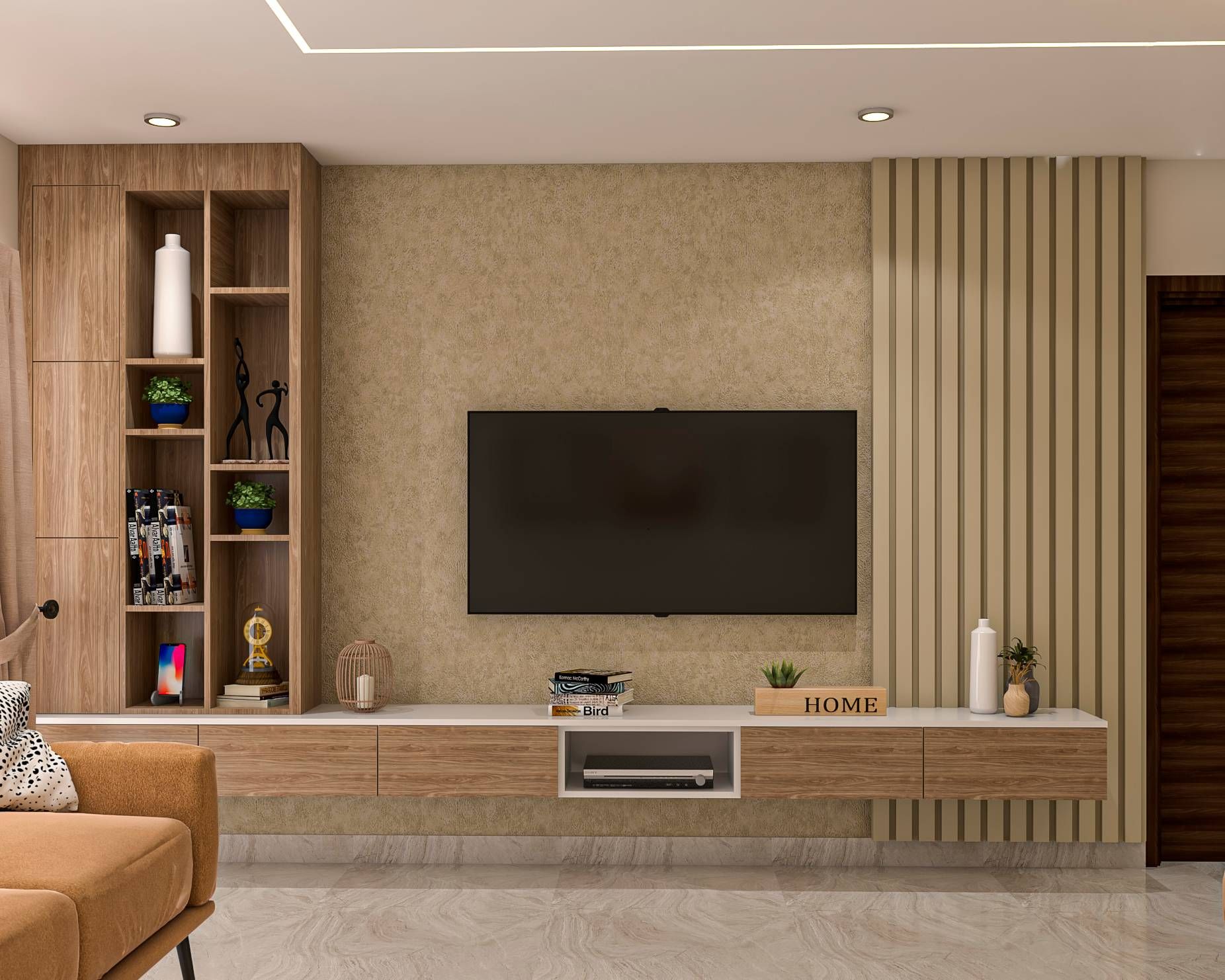 Beige Wall-Mounted TV Unit Design | Livspace