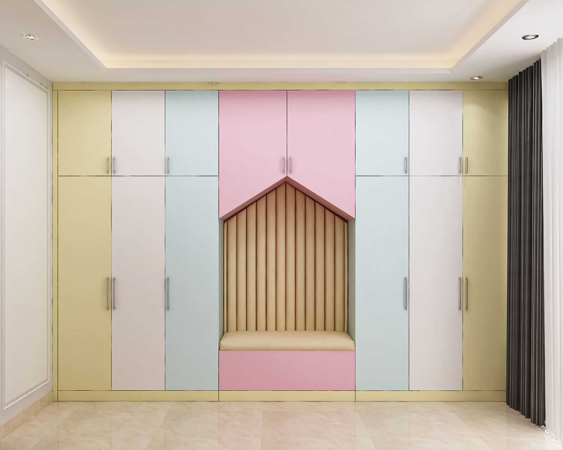 6-Door Modern Wardrobe Design With Inbuilt Seating | Livspace