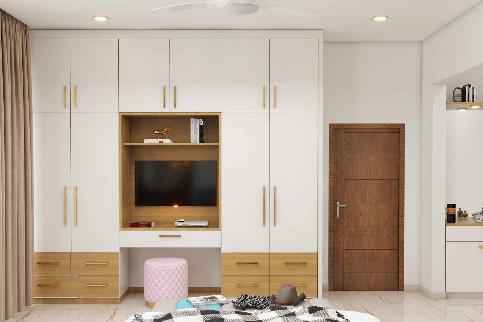4-Door Wardrobe Design With An Integrated TV Unit | Livspace
