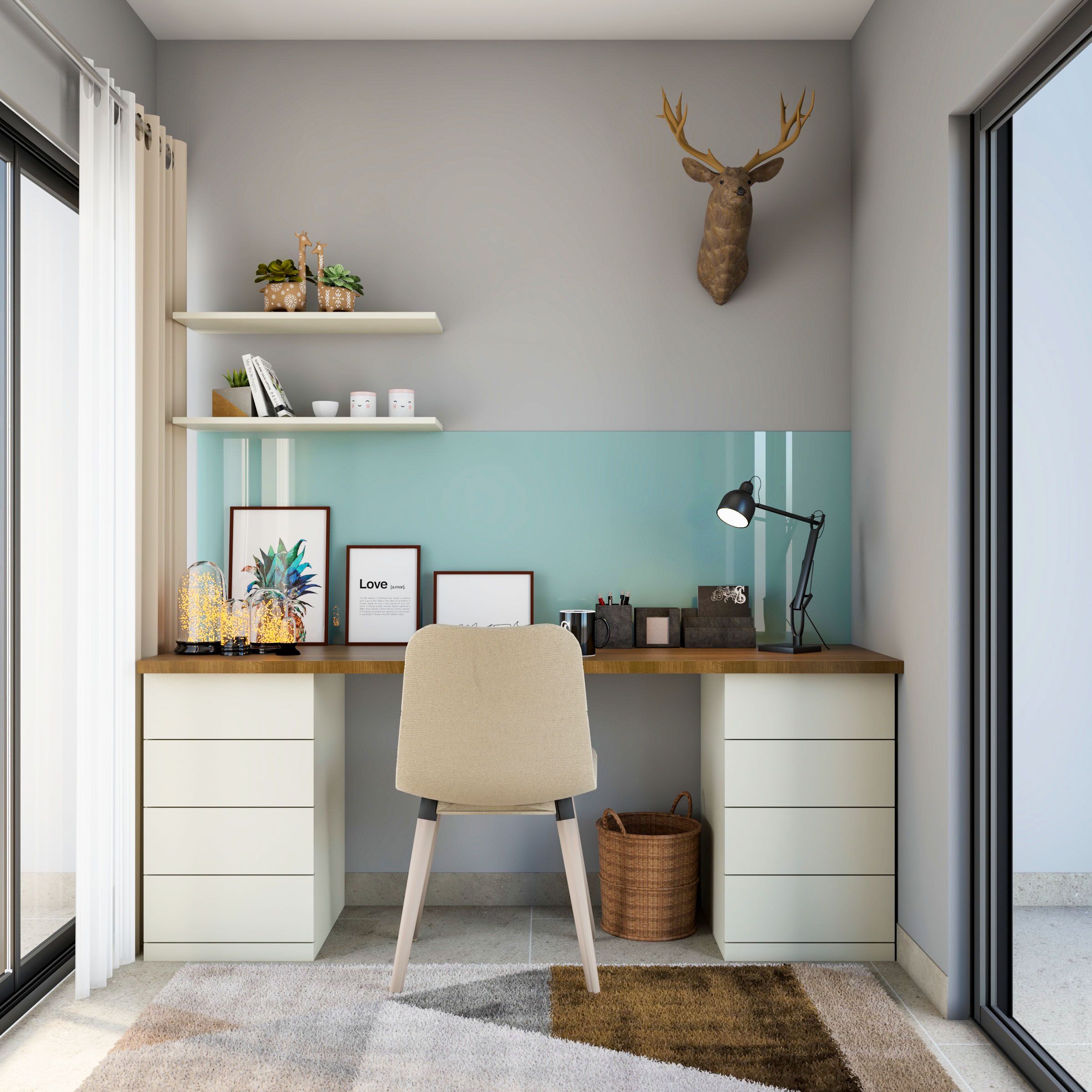 White And Walnut Bronze Study Room Design With Blue Lacquered Glass ...