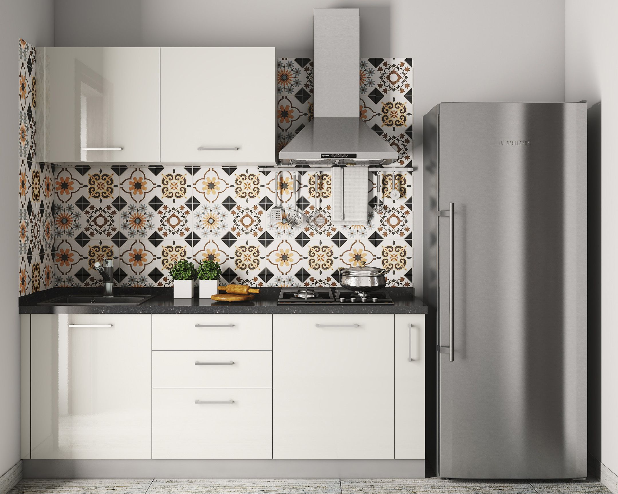 Vector-Patterned Square Ceramic Kitchen Tile Design | Livspace