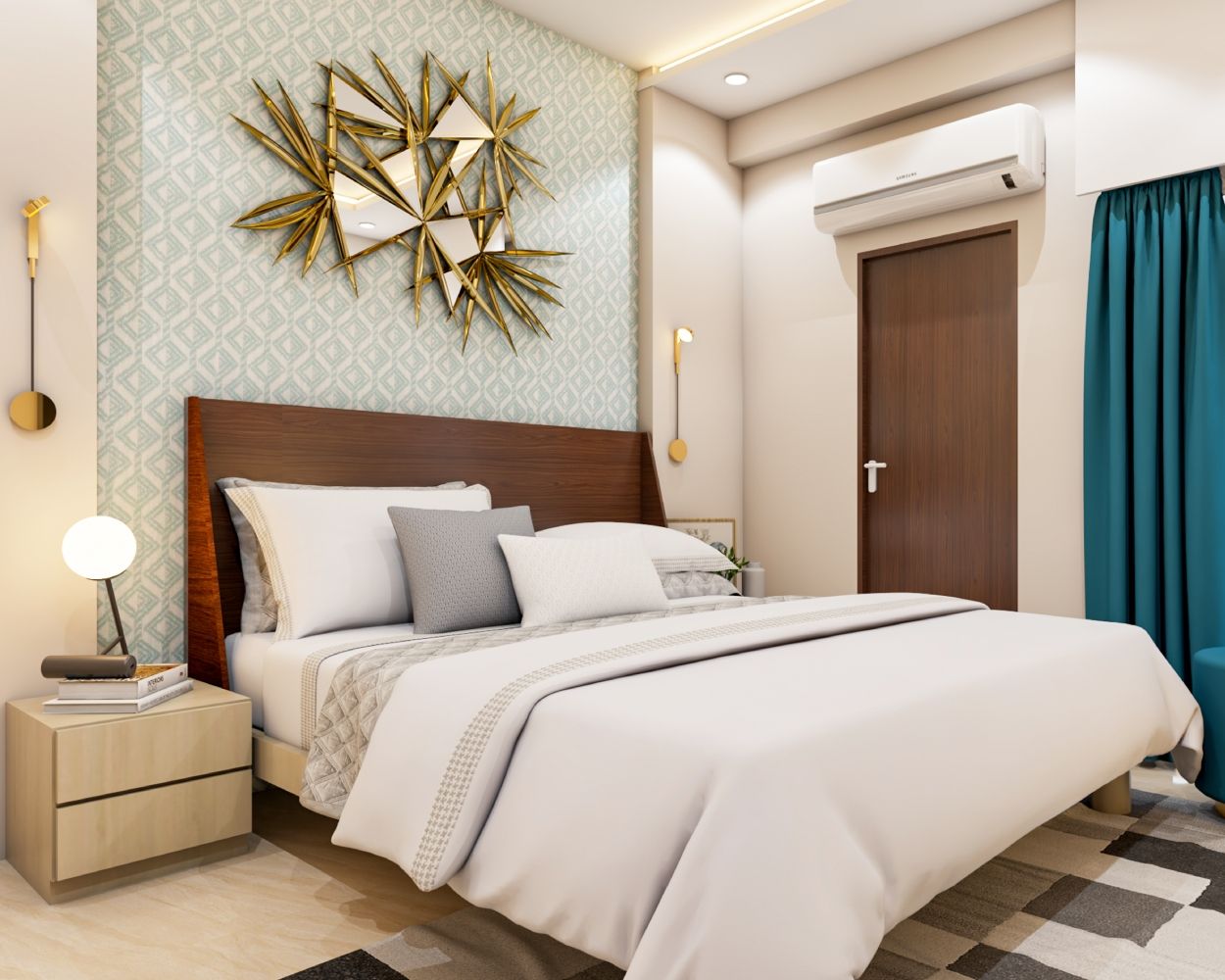 Guest Room Design With Patterned Wallpaper And Wooden Bed | Livspace