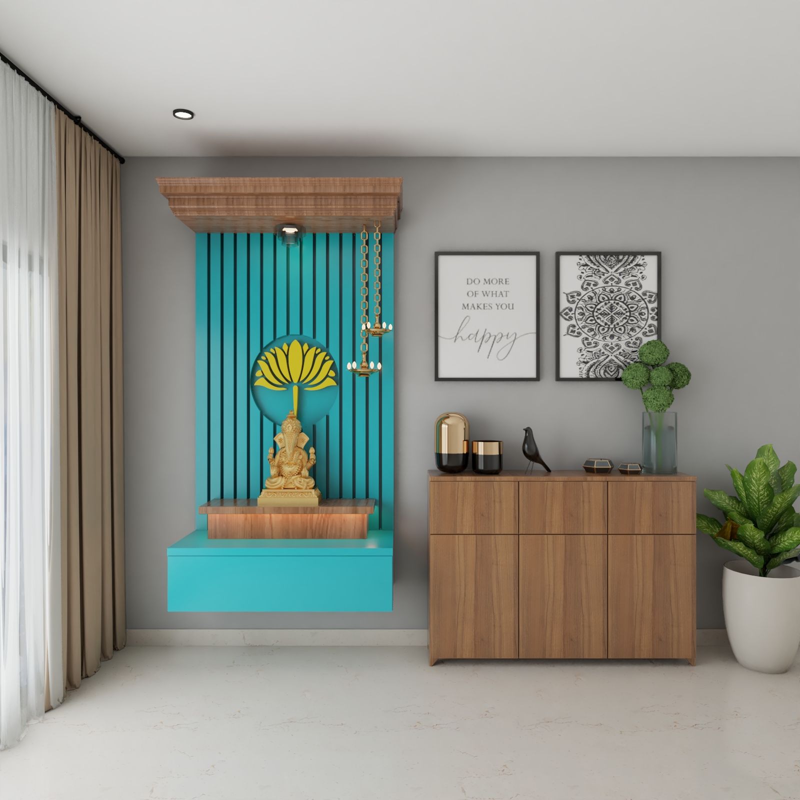 Blue And Wood Wall Mounted Pooja Room Design | Livspace