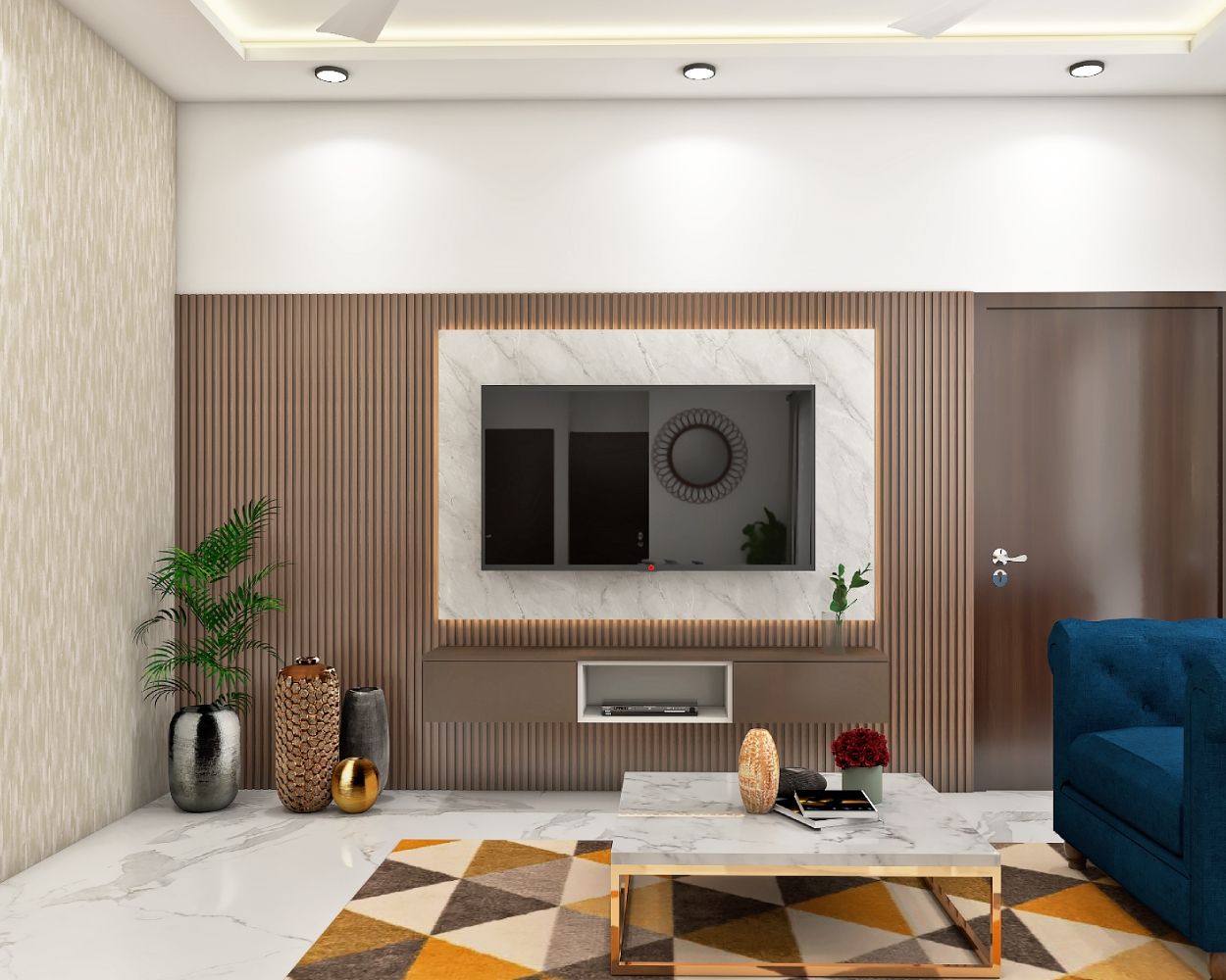 Tan And Marble TV Unit Design With Brown Fluted Panelling | Livspace