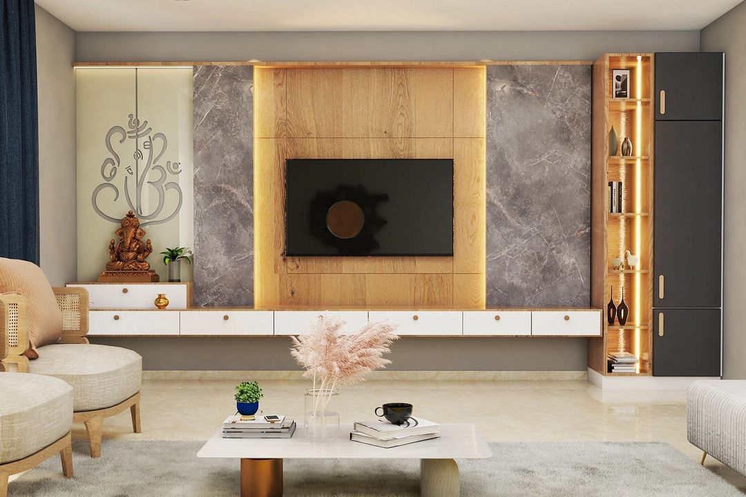 Spacious Wall-Mounted TV Unit With Pooja Unit | Livspace