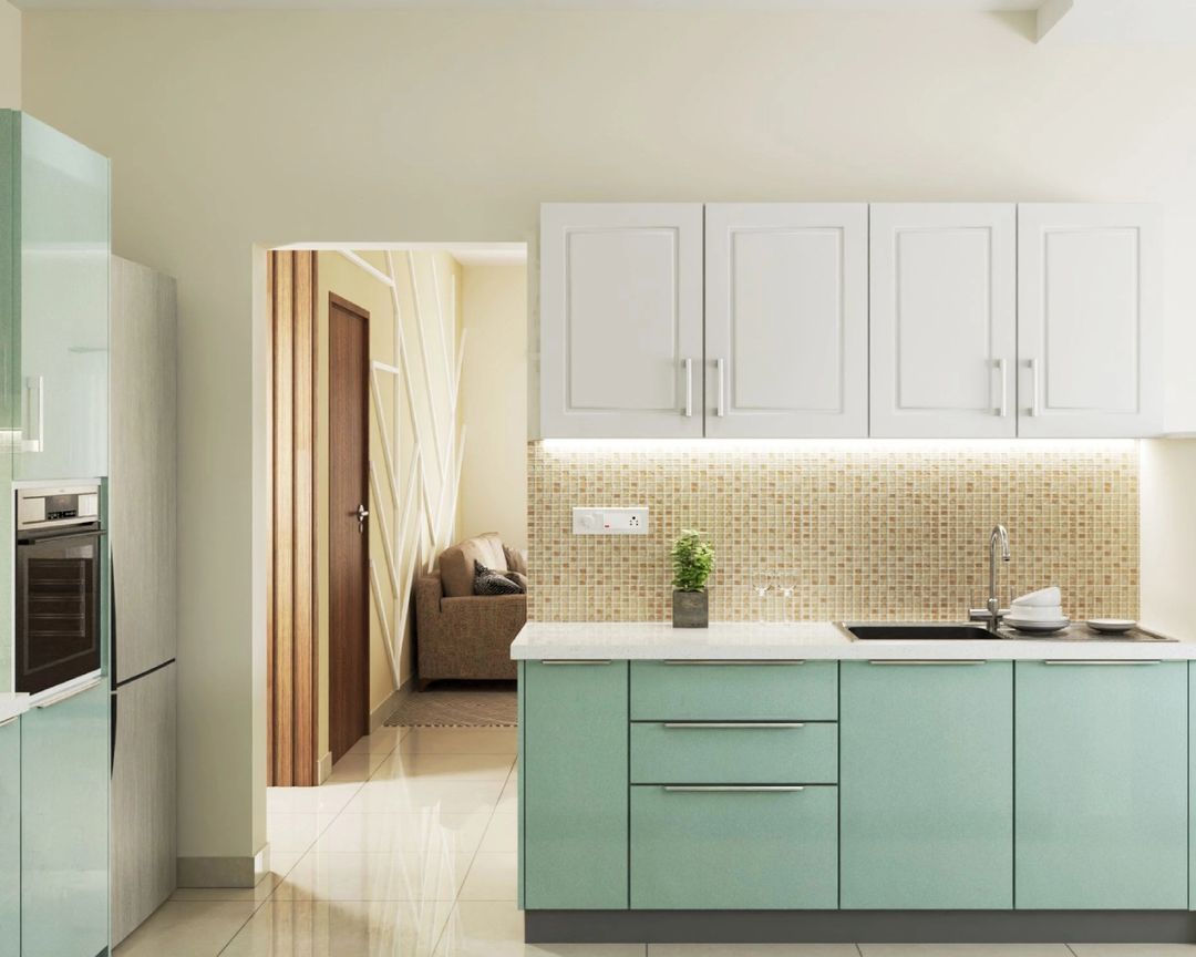 Glossy Pastel Green L-Shaped Spacious India Kitchen Design | Livspace