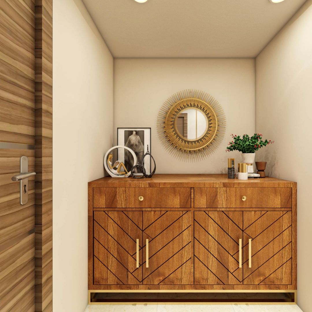 Spacious Foyer Design With Round Golden Framed Mirror | Livspace