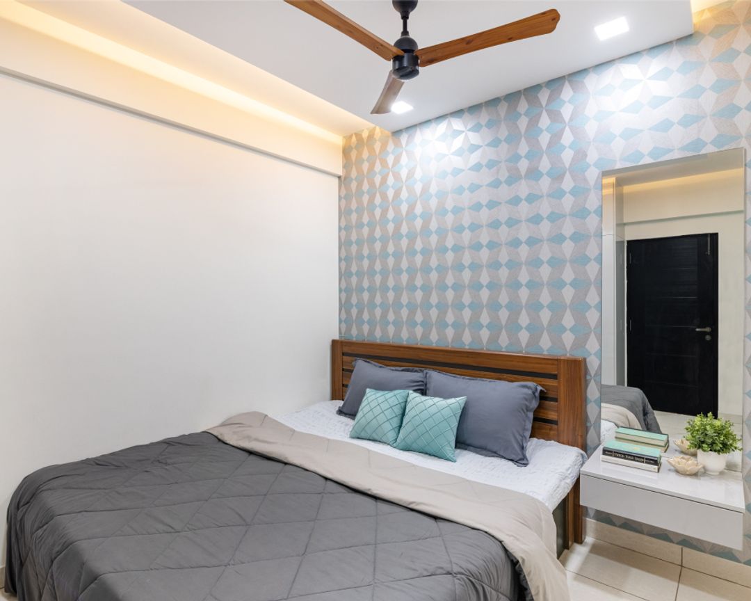 Modern False Ceiling With Blue Wallpaper | Livspace