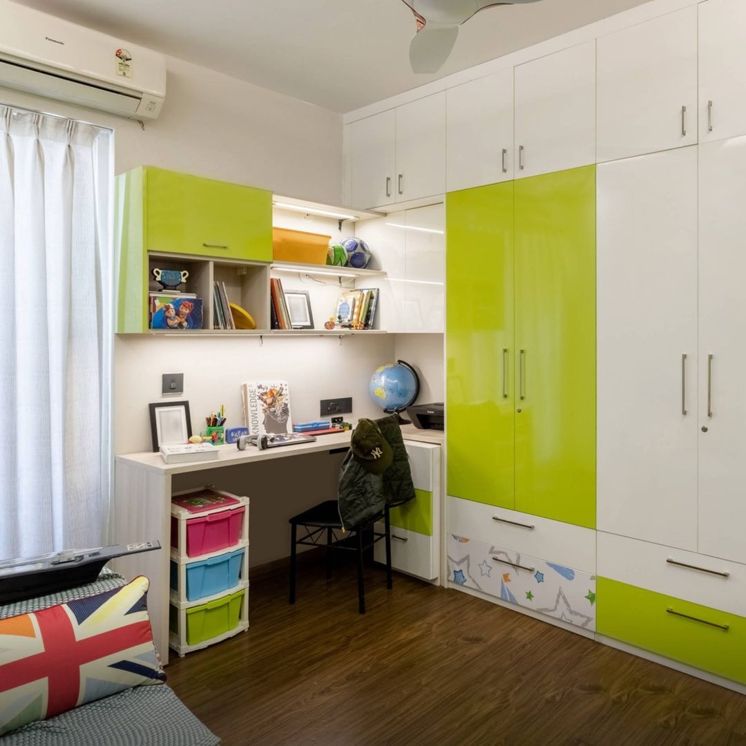 Spacious Lime And White Study Room Design With Integrated Wardrobe ...