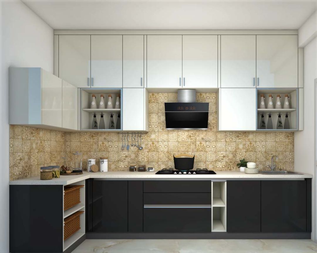 Light-Coloured Kitchen Tile Design With A Patterned Dado | Livspace