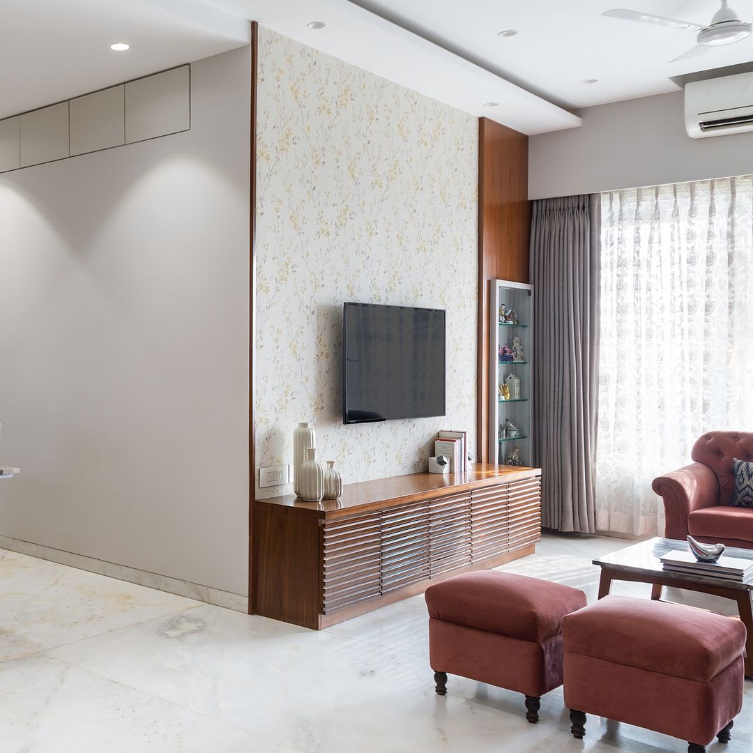 Light-Coloured Living Room Wallpaper | Livspace
