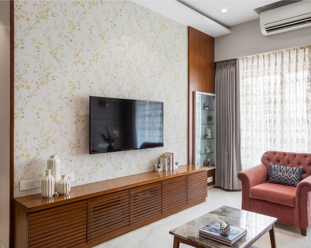 Light-Coloured Living Room Wallpaper | Livspace