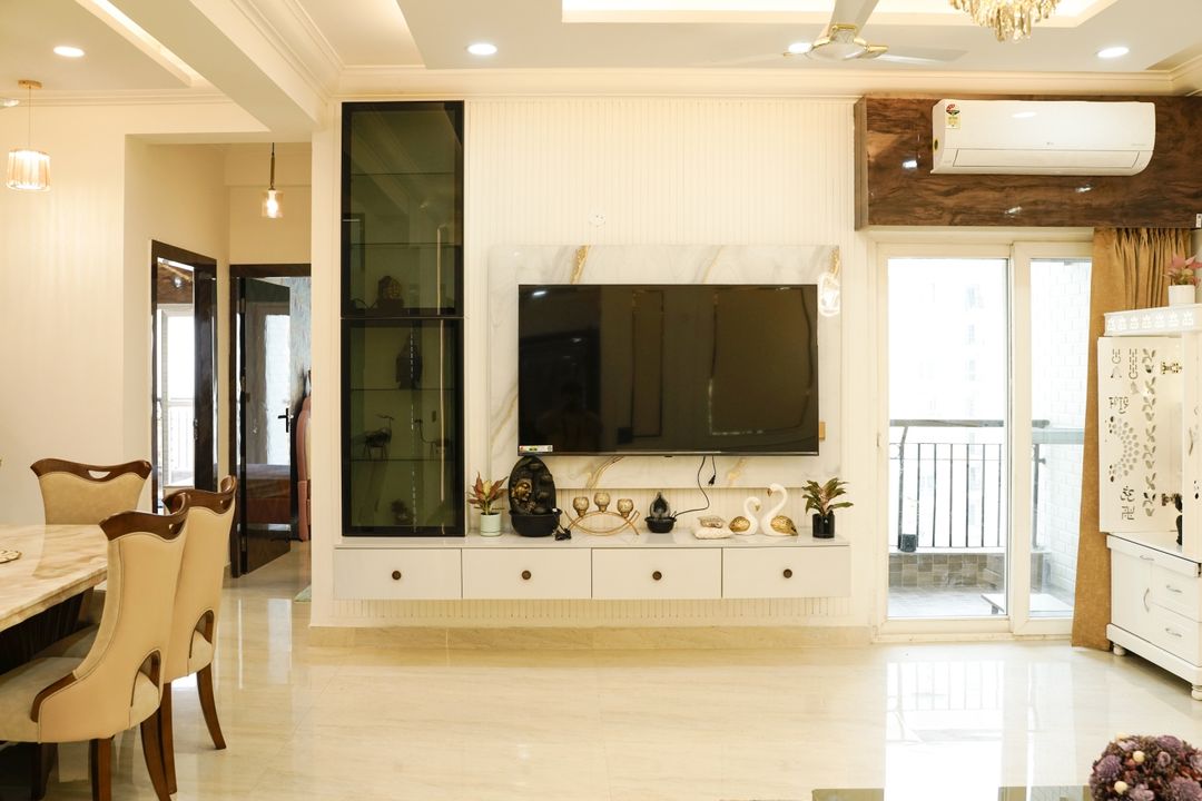 Contemporary TV Unit Design with Spacious Drawers, Glass Shelves and ...