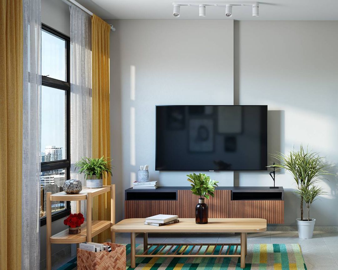Black And White TV Unit Design With Handleless Shutters | Livspace