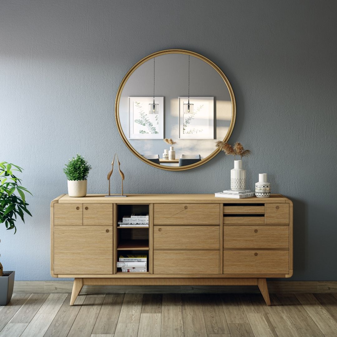 Spacious Foyer Design With Round Mirror And Golden Frame | Livspace