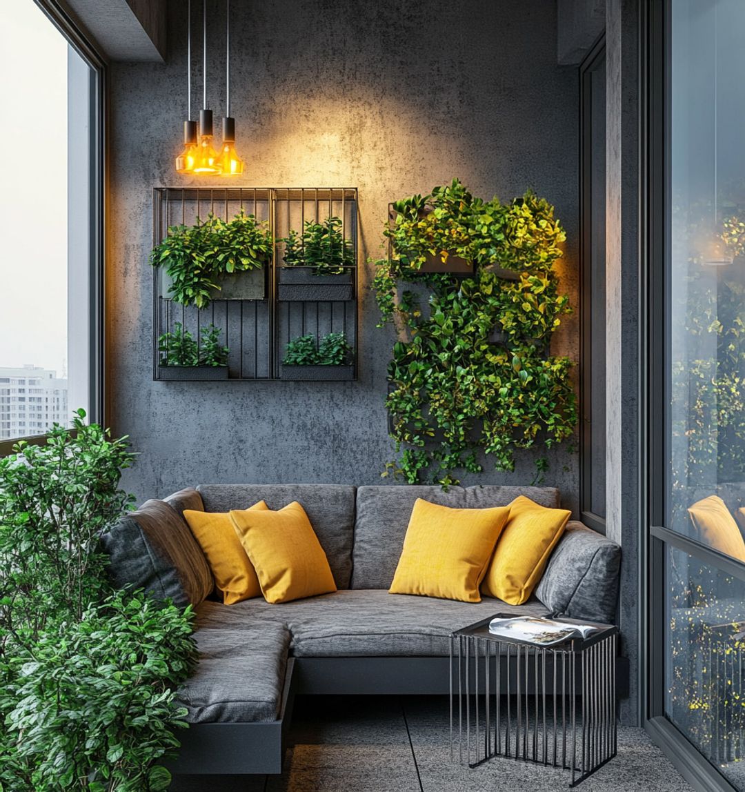 Green Modern Balcony Design with Vertical Planters and Corner Sofa | Livspace