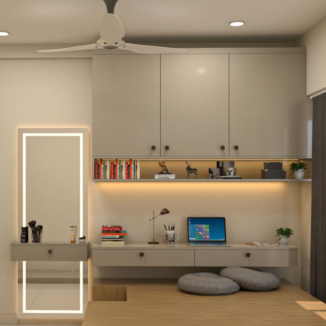 Modern Home Office Design With Dove Grey Units, Backlit Mirror and Open ...