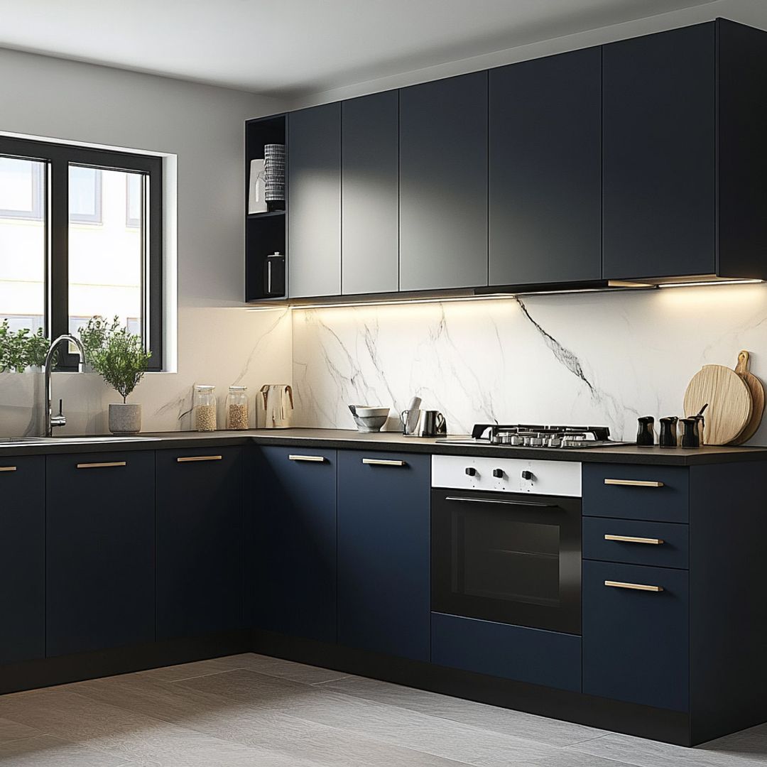 Navy Blue Modern L-Shaped Kitchen Design with Granite Countertop and ...