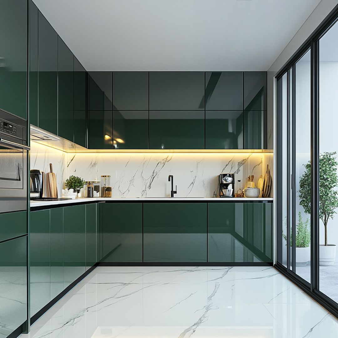 L-Shaped Contemporary Kitchen Design With Sliding Glass Doors, Green ...