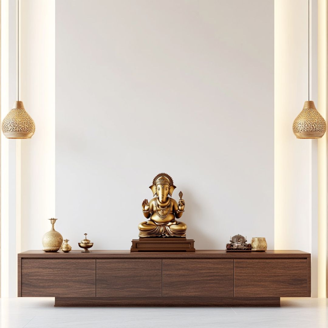 Floor-Mounted Minimal Pooja Unit Design in Walnut Bronze With Golden ...