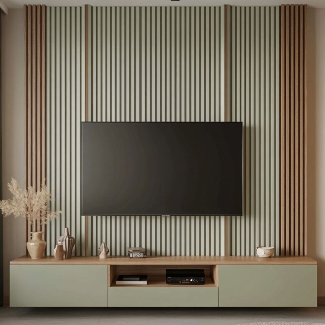 Modern TV Unit Design with Vertical Slat Design and Open Shelves | Livspace