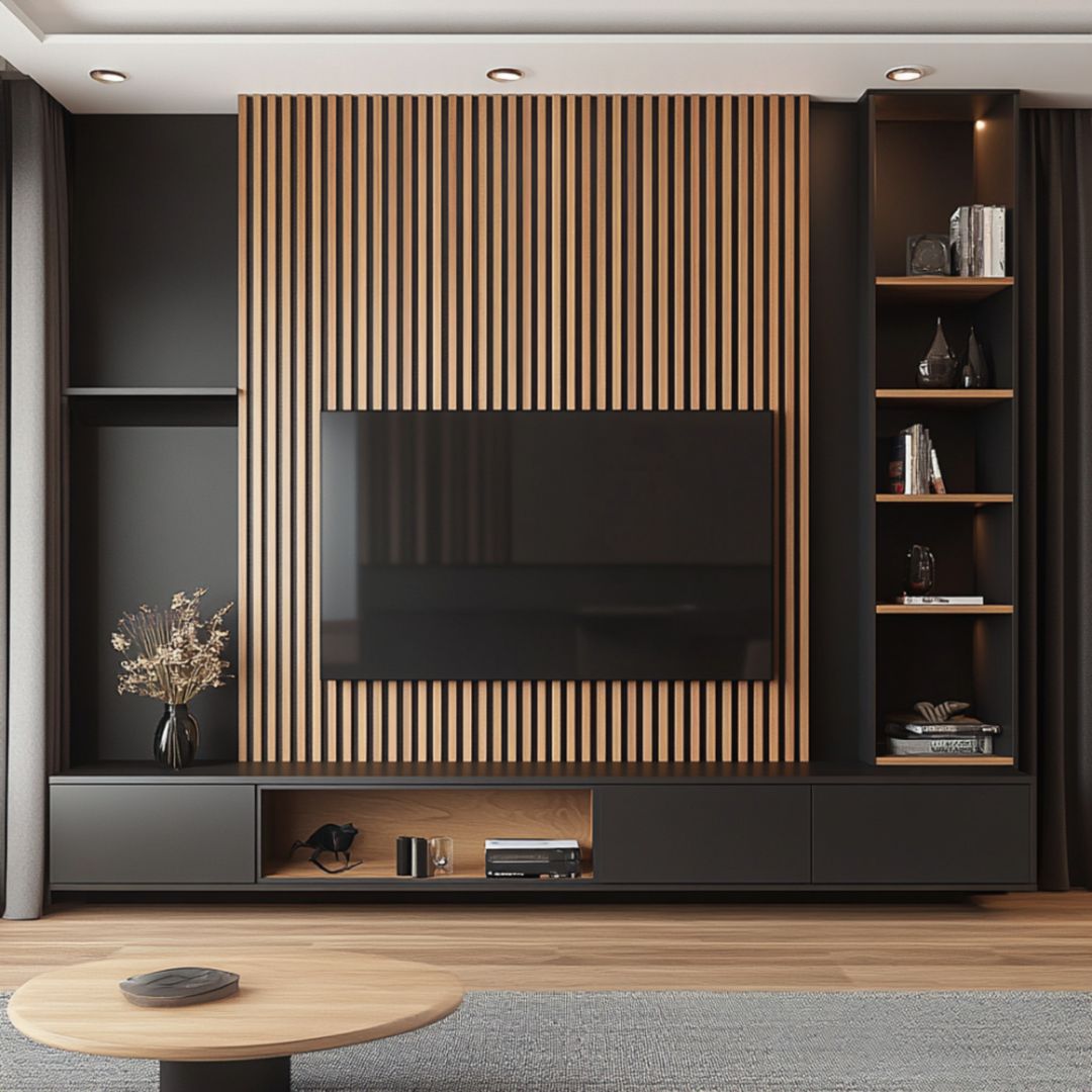 Black Industrial TV Unit Design with Slatted Backdrop, Shelves and ...